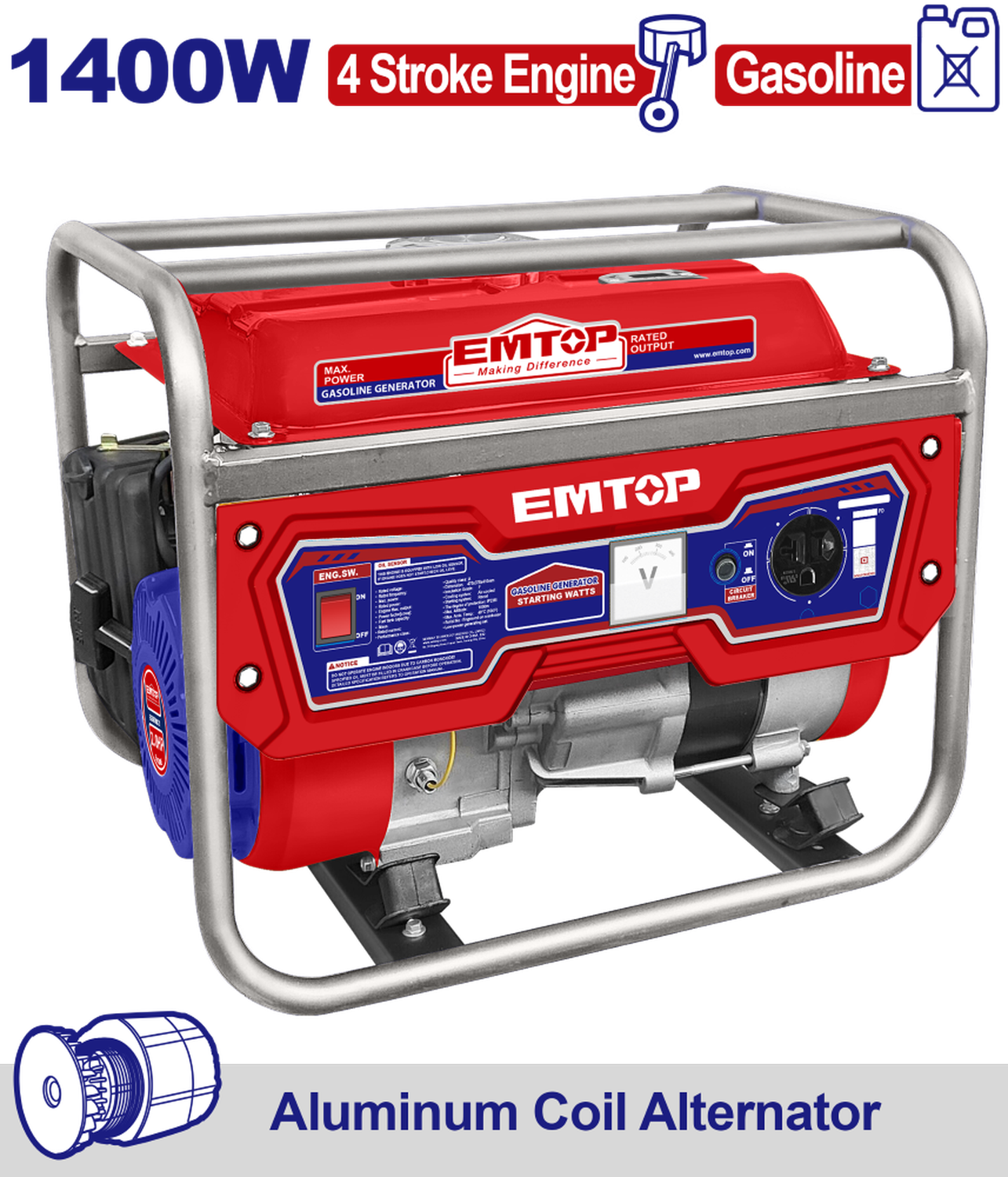 Generador de gasolina 1400 W, motor de 4 tiempos – EMTOP MEXICO
