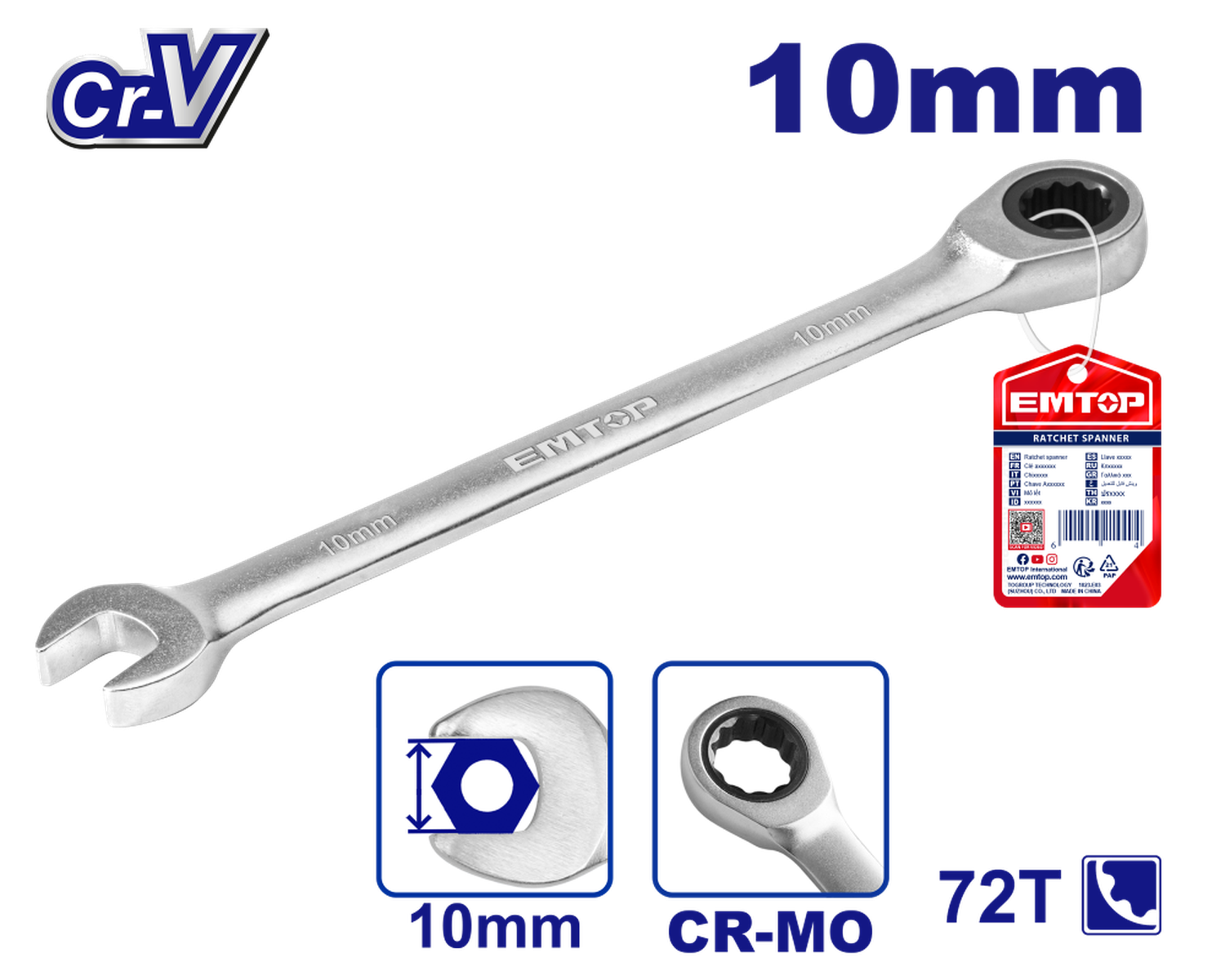 Llave combinada con matraca 10 mm, Cr-V – EMTOP MEXICO